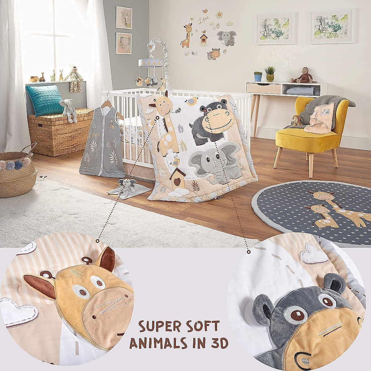 OBERLUX Crib Bedding Set + Baby Play Mat + Musical Crib Mobile - Baby Nursery Room Bundle Set