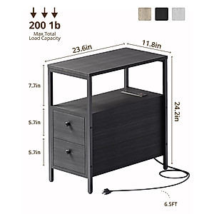 EVASTAR End Table with Charging Station, Narrow Side Table with 2 Drawers, Living Room Nightstand with Storage, Slim Bedside Table for Bedroom, Small Spaces, Black