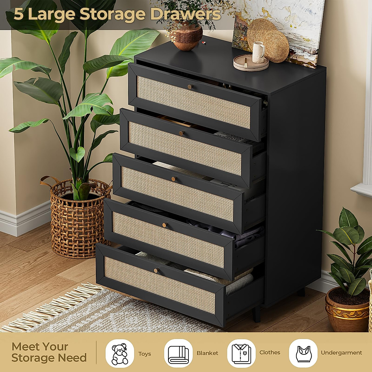 AOGLLATI Black Rattan Dresser for Bedroom with 5 Drawer, Modern Double Wooden Tall Bedroom Dresser, Chest of Drawers with Metal Handle & Solid Wood Legs for Bedroom/Living Room, Black