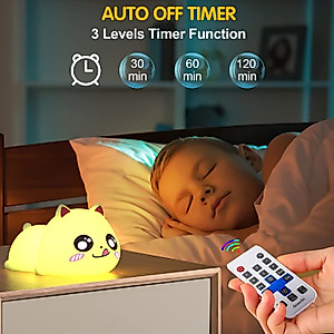 GiieeGii Silicone Cat Night Light for Kids, Cute Kitty Lamp Gifts Teen Girl Boys, with 9 Colors Change Auto Timing Dimmable Kawaii Animal Baby Night Light for Bedroom