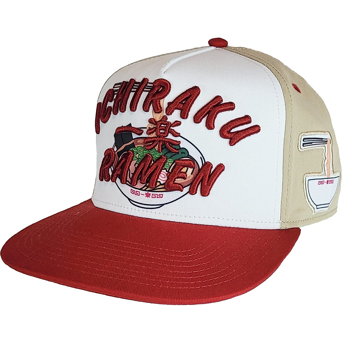 Naruto Shippuden Ichiraku Ramen Icon Hiden Leaf Village 5 Panel Structured Adjustable Adult Unisex Red and White Flat Bill Snapback Hat