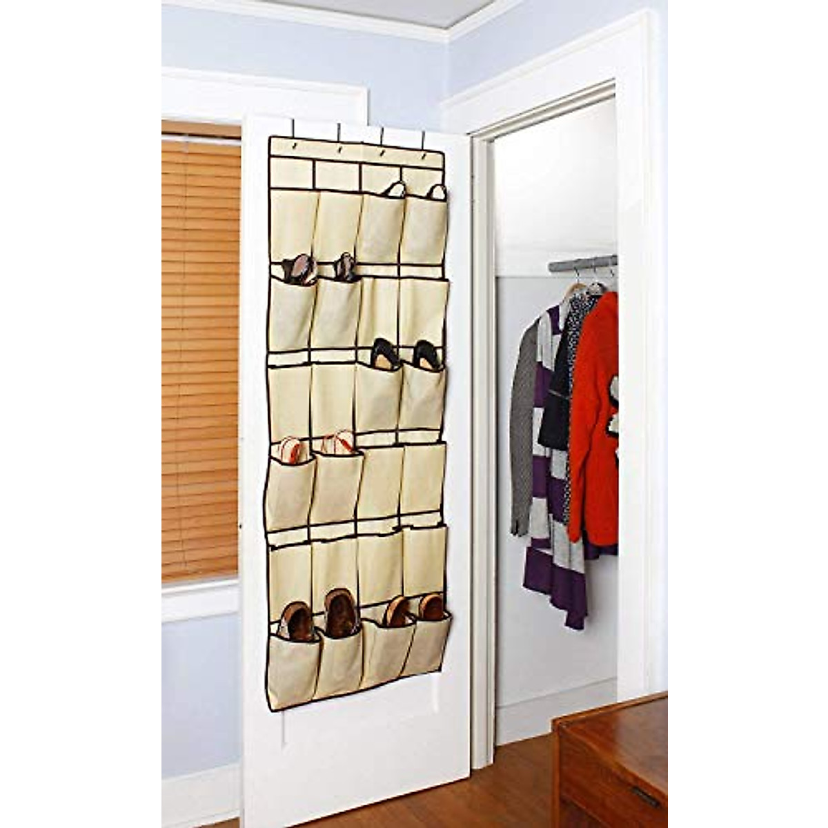 Ziz Home Over The Door Shoe Organizer | 24 Large Pockets with 4 Hooks | Heavy Duty Fabric | Hanging Shoe Rack Over The Door | Hanging Shoe Organizer for Closet Shoes Storage | Hang On Behind Back