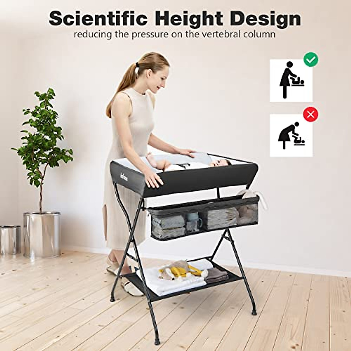 INFANS Baby Changing Table, Folding Diaper Station Portable Nursery Organizer with Safety Belt and Large Storage Racks for Newborn Baby and Infant (Black)