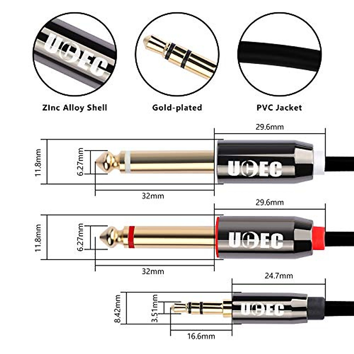 UCEC 10FT/3M 3.5mm 1/8" TRS to Dual 6.35mm 1/4" TS Mono Y-Cable Splitter Cord with Zinc Alloy Housing for iPhone, iPod, Laptop, CD Players, Power Amplifier, Multimedia Speakers, Home Stereo Systems