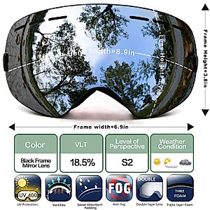 JULI Ski Goggles,Winter Snow Sports Snowboard Goggles with Anti-Fog UV Protection Detachable Dual Lens for Men Women Snowmobile Skiing Skating（Black Frame+VLT 18.5% REVO Silver）
