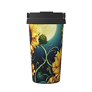 GTKSYNVE Reusable Coffee Mug with Lid and Handle, Moonlight Sunflower Pattern Tumbler for Hot & Cold Drinks 16oz Stainless Steel Insulated Coffee Tumblers Double Wall Vacuum Thermal Cup
