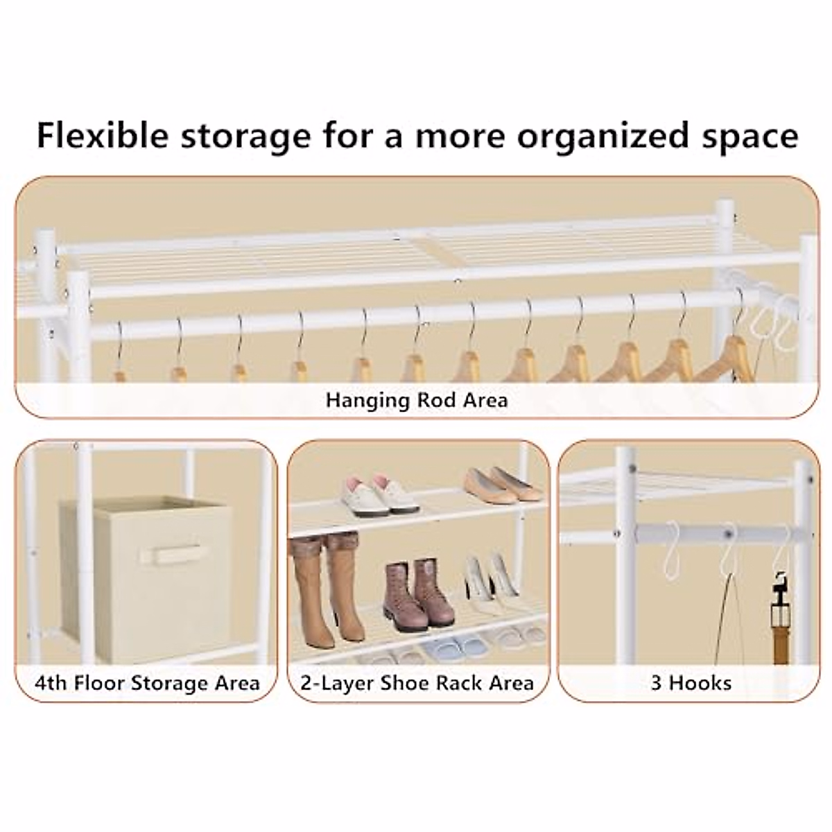 Wardrobe Closet,Portable Clothes Rack with 4 Tiers Shelves,Freestanding Closet Organizers and Storage System with Hanging Rods,Steel Clothing Rack Suitable for Cloakrooms,Bedrooms,Entrances,etc.White