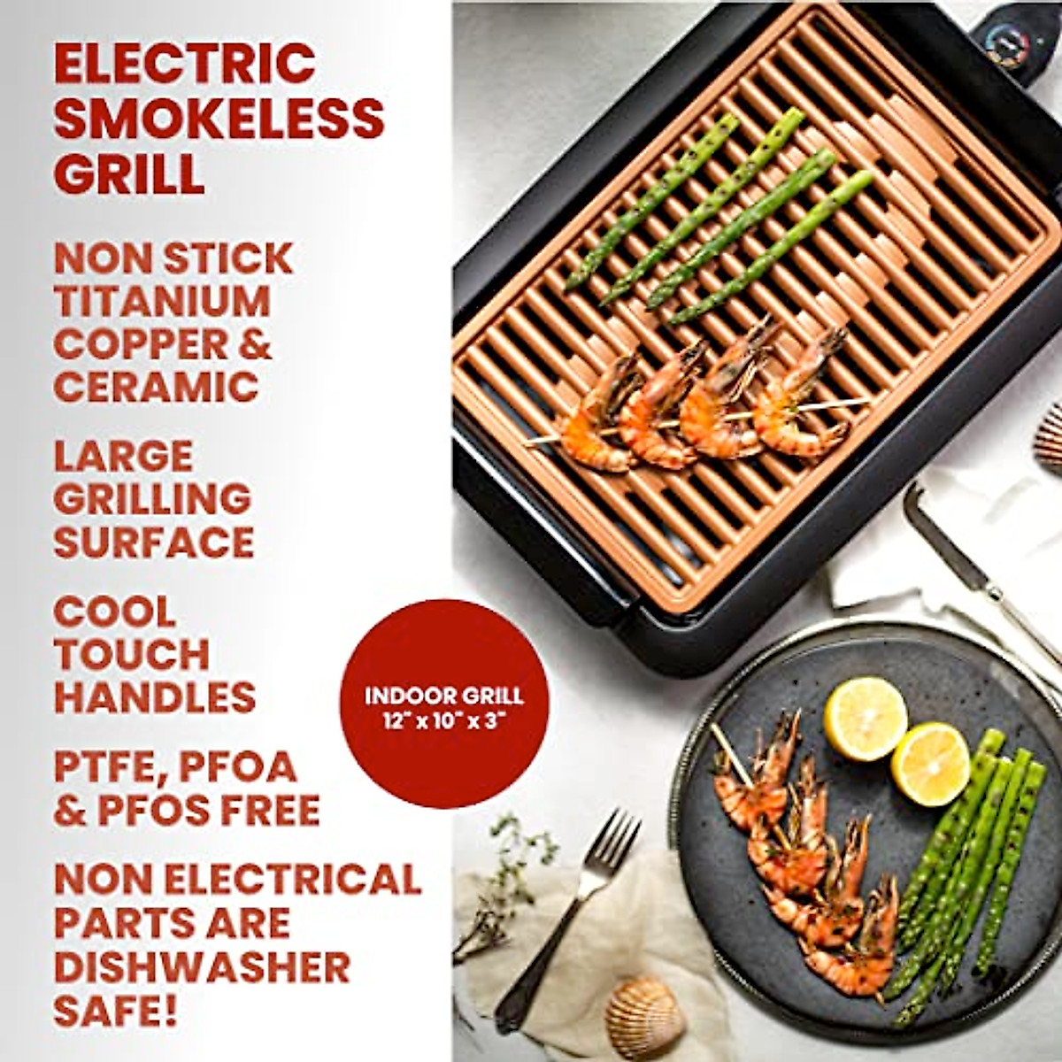 Gotham Steel Smokeless Indoor Grill, Nonstick Indoor Smokeless Grill with Ceramic Coating & Adjustable Heating, Indoor Grill Electric Smokeless with Dishwasher Safe Removable Grill Plate, Toxin Free