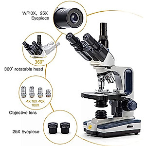 Swift SW 350T Compound Trinocular Microscope,40X-2500X Magnification,Two-Layer Mechanical Stage,with 5.0 mp Camera and Software Windows/Mac Compatible and 5 PCS Prepared Slides and 5 PCS Blank Slides