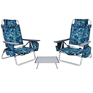 Giantex Folding Camping Chair 3 PCS Beach Chair and Aluminum Table Set, Patio Sling Chairs with 5 Adjustable Position, Backpack Lawn Chair for Fishing, Travelling Sunbathing Chairs Set
