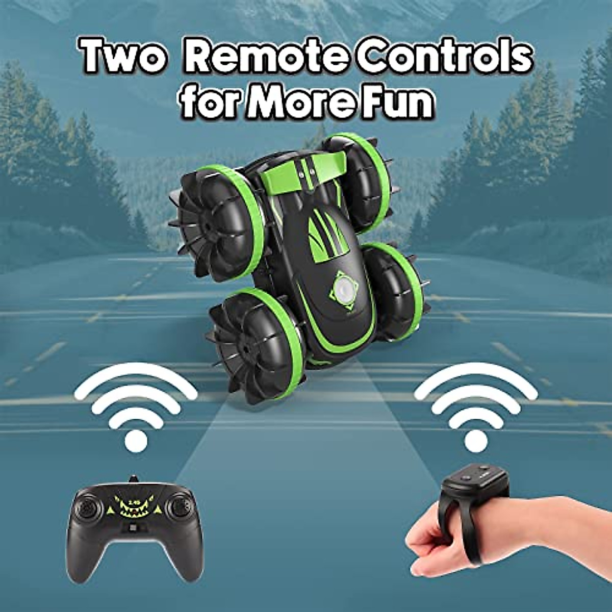 Arulis Amphibious Remote Control Car, 2.4Ghz 4WD Double Sided 360° Rotating RC Stunt Car, Remote Control Boat with Gesture Sensor, Toy Cars Gifts for 3 4 5 6 7 8+ Year Old Boys, Pool Water Beach Toy