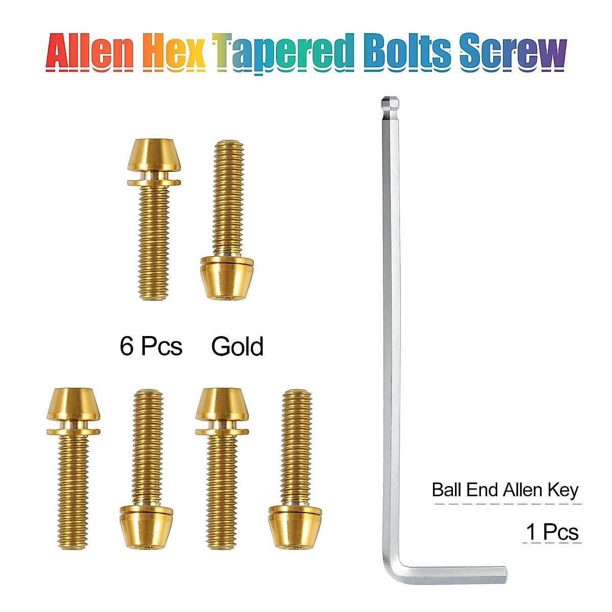SPEEDWOX 6 Pcs Allen Hex Tapered Bolts Screws with Hex Wrench, Titanium M5x20mm with Washer, MTB Road Mountain Bike Bicycle Stem Bolt Screws Gold for MTB Bike Bicycle Stem