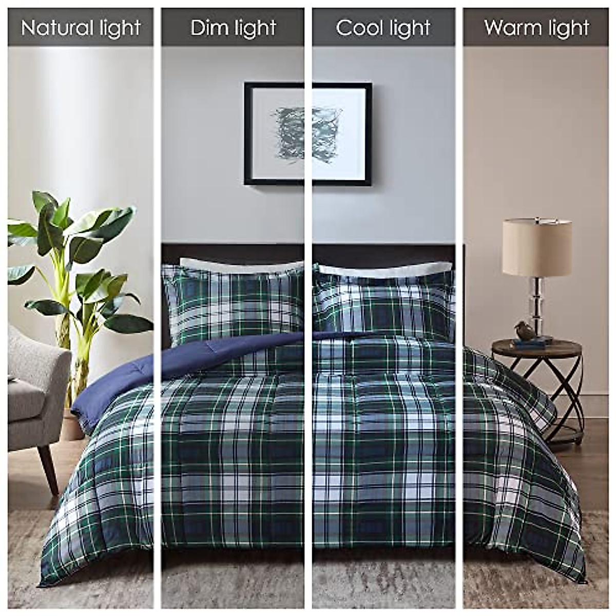 Madison Park Essentials Parkston Plaid Comforter, Matching Sham, 3M Scotchguard Stain Release Cover, Hypoallergenic All Season Bedding-Set, Full/Queen, Navy, 3 Piece