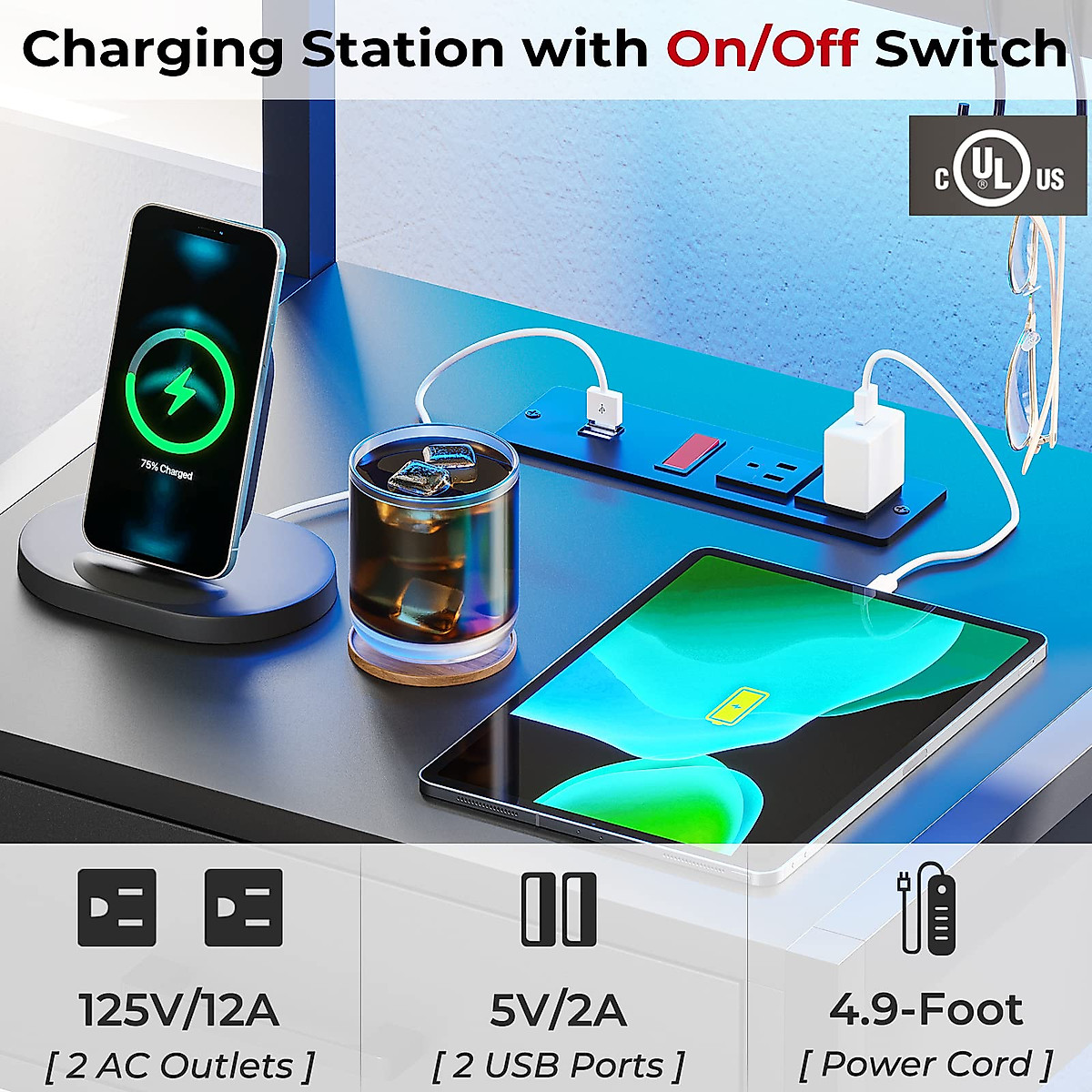 Nightstand with Charging Station and LED Lights, LED Night Stand with 2 USB Ports and 2 AC Outlets, Modern End Table with 3 Drawers, Bedside Table with Open Storage for Bedroom, Black