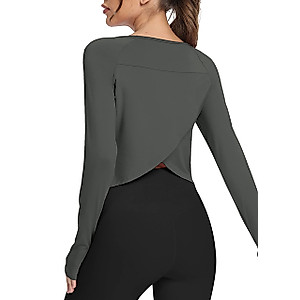 Bestisun Split Back Workout Long Sleeve Shirts Exercise Sports Clothes Activewear Running Tops for Women Deep Gray S