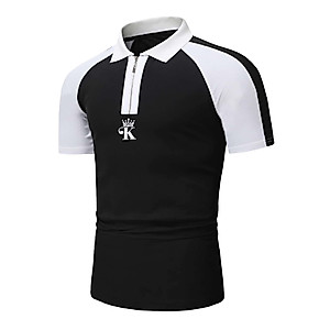 GORGLITTER Men's Color Block Letter Graphic Polo Shirt Zipper Raglan Short Sleeve Collar Tops Black Small