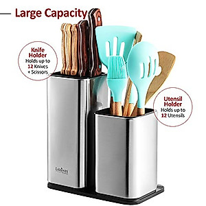 Knife Holder and Utensil Holder - Stainless-Steel Modern Rectangular Design Universal Knife Block and Kitchen Utensils Organizer for Counter-top