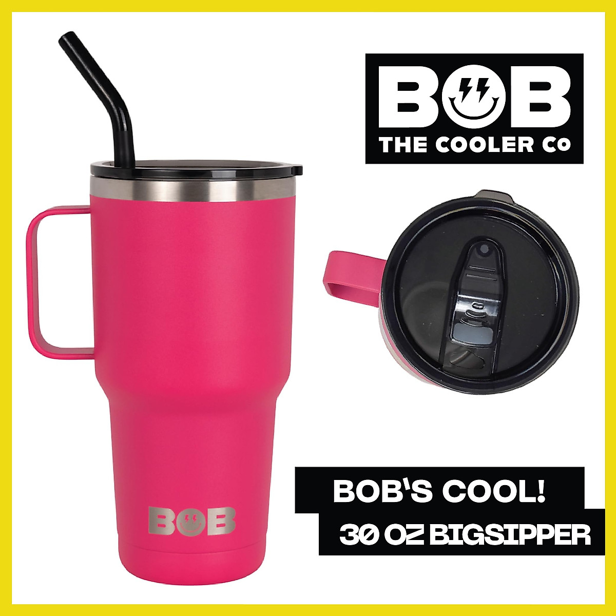 BOB THE COOLER CO 30Oz Heavy Duty Double Wall Vacuum Insulated Tumbler with Straw and Handle, Made of Stainless Steel, Great for Travel, Beach, & More