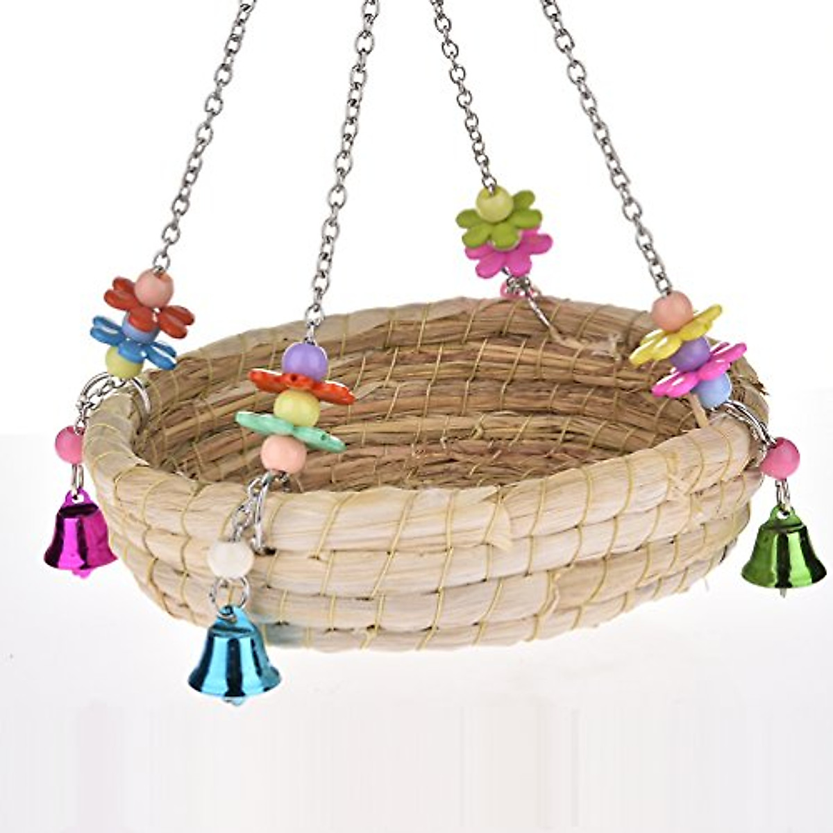Woven Straw Nest Bed Large Bird Swing Toy with Bell for Parrot Cockatiel Parakeet African Grey Cockatoo Macaw Amazon Conure Budgie Canary Lovebird Finch Hamster Chinchilla Cage Perch