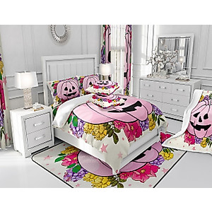 Pink Halloween Bed Sheet Set Full Size Pumpkin Lantern Fitted Sheet for Kids Boys Girls Flower Floral Bedding Set Trick or Treat Bed Cover Deep Pocket Bedroom Bed Set