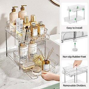 2 Packs 2-Tier Bathroom Counter Organizer, Pull-Out Skincare Perfume Make up Organizers for Vanity Countertop Tray with 4 Removable Dividers, Transparent Bathroom Organizers and Storage for Cabinet