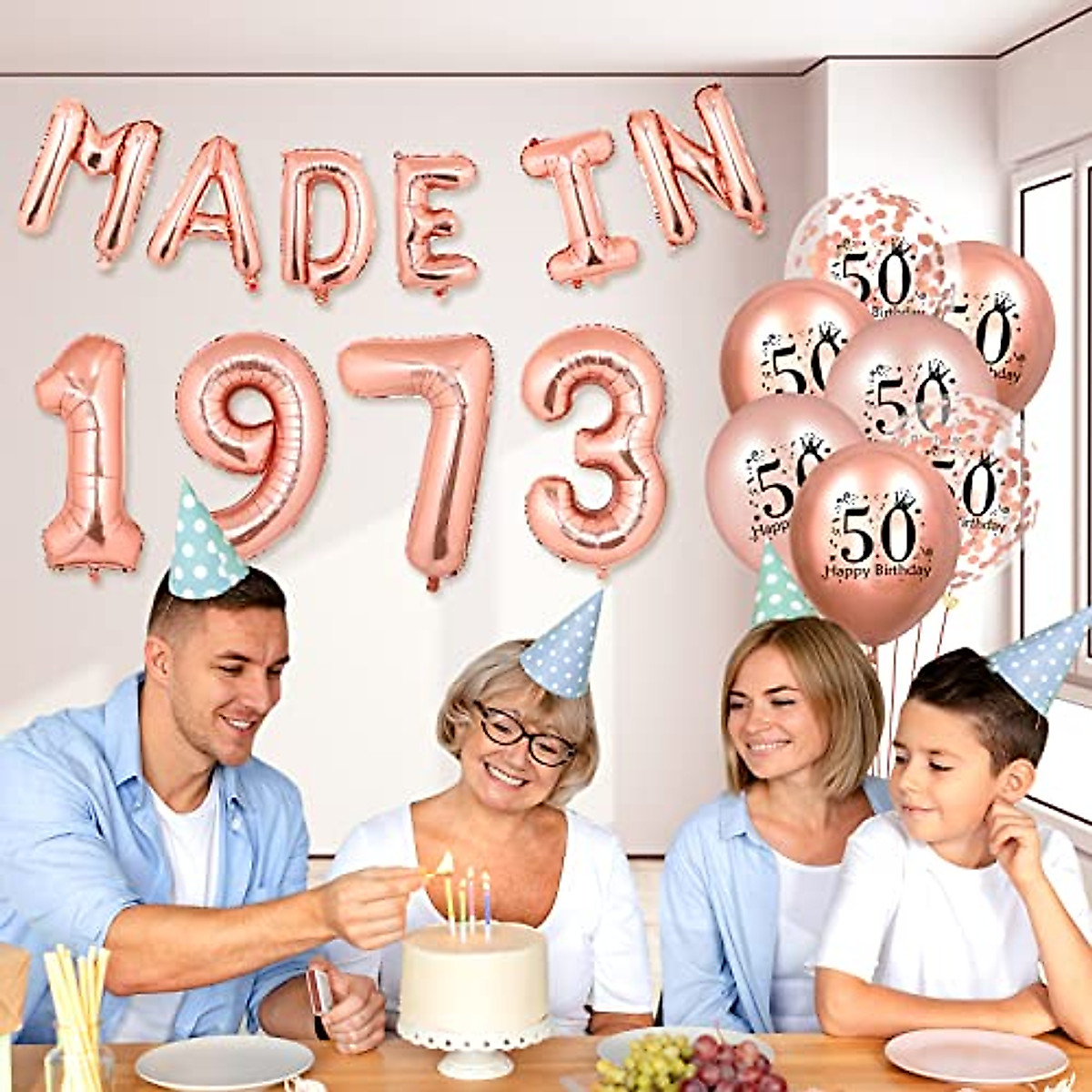 Rose Gold 50th Birthday Decorations Set 15 Pcs Rose Gold Happy 50th Birthday Latex Balloons and Large Made in 1973 Foil Balloons Banner Backdrop for Women Fifty Year Old Birthday Party Decor Supplies