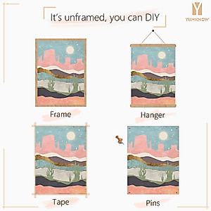 Southwestern Desert Wall Art - Pastel Pink and Teal Poster Picture Prints - Modern Boho Mountain Wall Decor - Green Cactus Room Decor - Textured Nature Art - Abstract Western Artwork for Bedroom 8x10