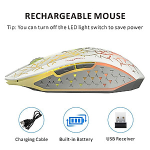Uciefy Q8 Wireless Gaming Computer Mouse, 2.4GHz USB Optical Rechargeable Ergonomic LED Wireless Silent Mouse, 3 Adjustable DPI, 6 Buttons, Compatible with PC, Laptop, Notebook, Desktop (White)