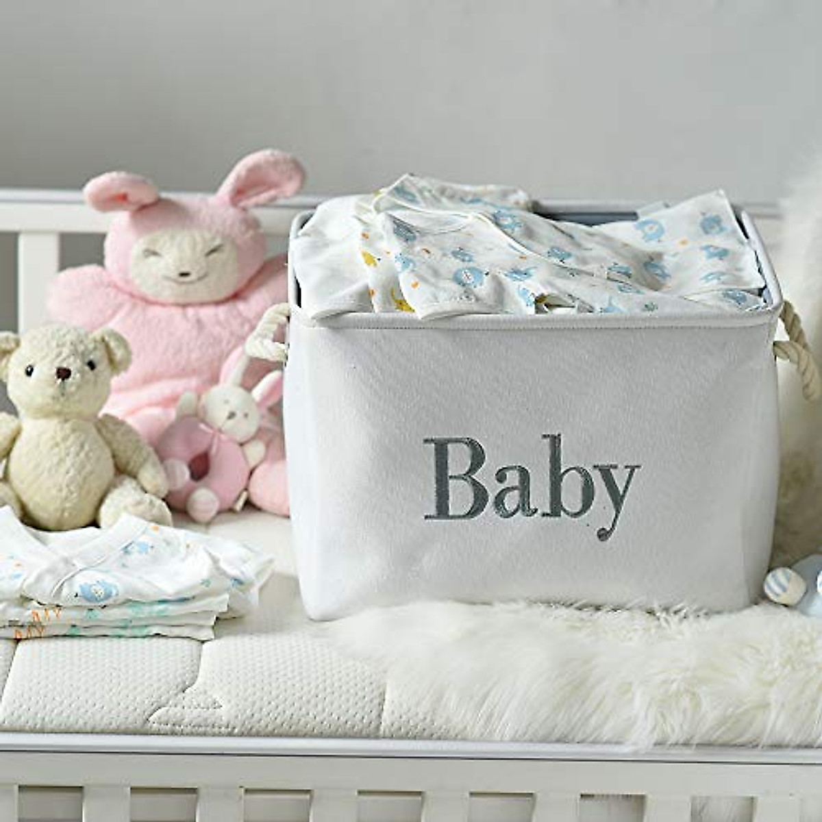 INough Storage Basket for Nursery, Baby Toys Storage Bins, Empty Large Basket,for Baby Girls or Boys Room,Wipes and Diapers, Storage Box for Nursery/Kids Room (16 x 12.2 x 11 Inches)