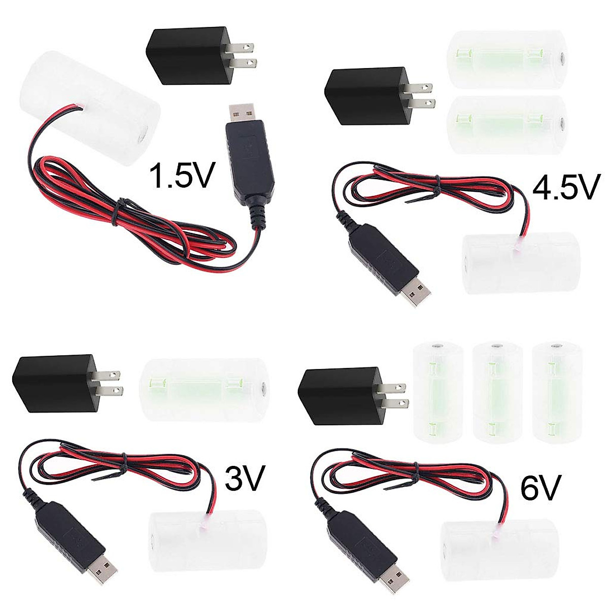 S-YUWEN 2m 1.5V 3V 4.5V 6V LR20 D Cell Battery Eliminator with US Plug USB Power Adapter 2m Cable Replace 1 to 4pcs 1.5V LR20 D Size Battery