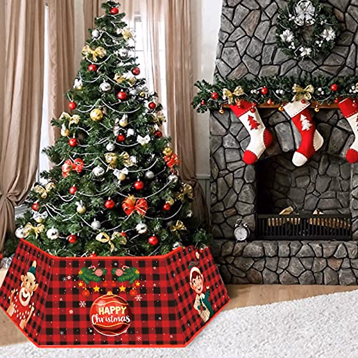 DmHirmg Christmas Tree Collar,Red and Black Christmas Tree Collar for Artificial Trees,Hexagonal Base Tree Skirt with 6 Different Patterns for Christmas Decorations Holiday Party