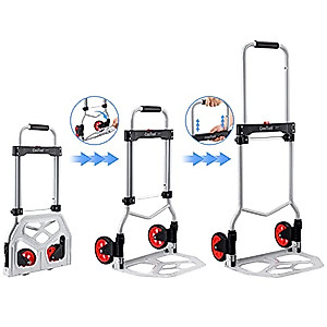 CooTool Folding Hand Truck and Dolly, 265 lb Capacity Aluminum Portable Cart with Telescoping Handle and PP+EVA Wheels