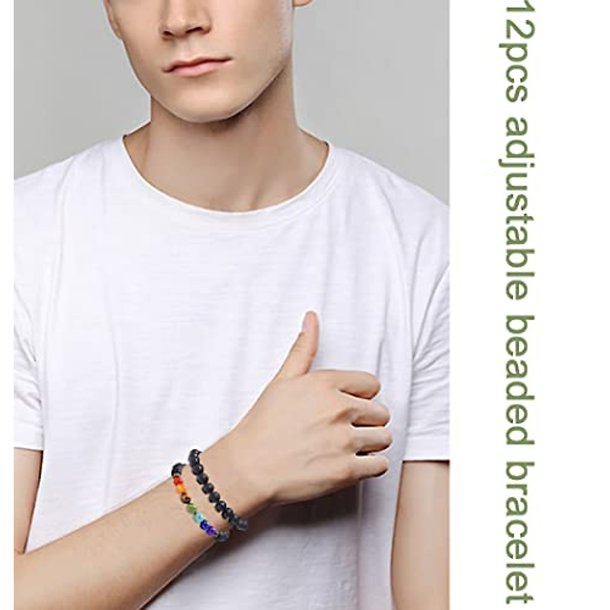 FINZOR 12Pcs 8mm Healing Stone Beads Bracelets for Women Men Semi-precious Gemstone Crystal Beaded Bracelets Lava Rock Tiger Eye Amethyst Chakra Bracelets Unisex Adjustable