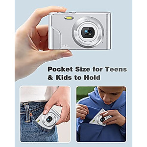 Digital Camera, Zostuic 48MP Autofocus Kid Camera with 32GB Card 1080P Video Camera with 16X Zoom, Compact Portable Small Cameras Christmas Birthday Gift for Children Kid Teen Student Girl Boy(Silver)