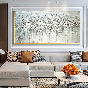 3D Knife Abstract White Flowers Oil Painting Handpainted On Canvas Living Room Salon Home Decoration Painting,27inx54in,No Frame