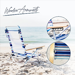 Caribbean Joe Folding Beach Chair, 5 Position Lightweight and Portable Reclining Outdoor Camping Chair with Wooden Armrests and Carry Strap, Red, White and Blue Stripe