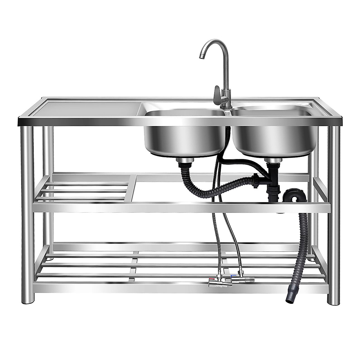 Commercial Kitchen Prep Sink & Utility Sink w/Faucet, 2 Compartment Stainless Steel Kitchen Sink with Double Storage Shelves, Free-Standing Double Bowls Sink for Restaurant Kitchen