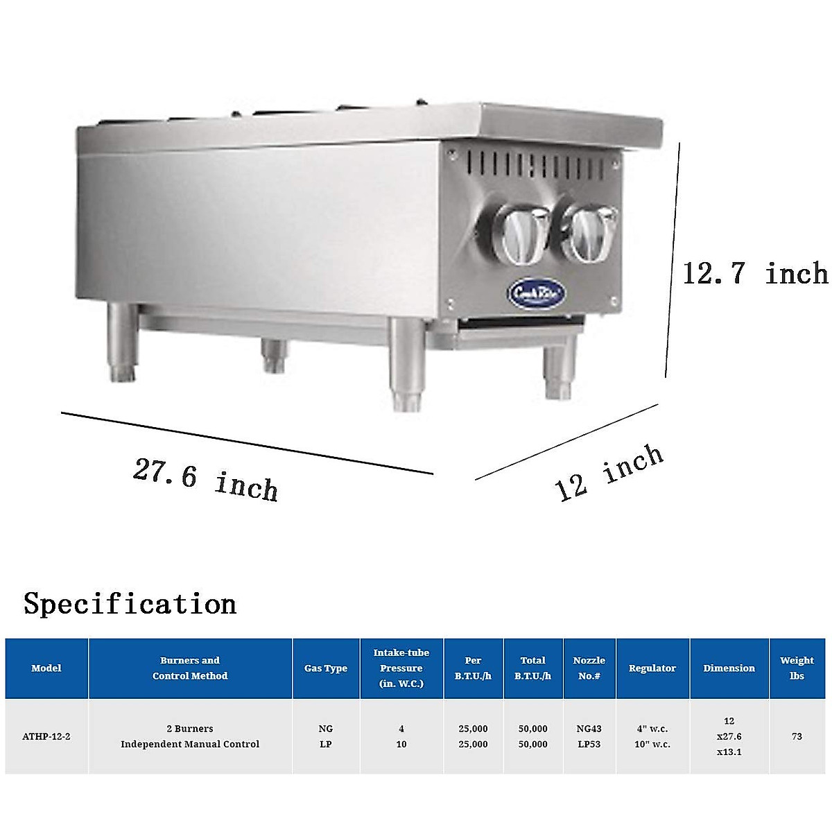 Atosa CookRite ACHP-2 12" Heavy Duty Vertical Countertop Gas Hot Plate Stock Pot Range for Hotel Food Truck Caterer | 12"W x 27 3/5"D x 13.5"H, Stainless Steel, (2) Burner 64,000 BTU, Natural Gas (NG)