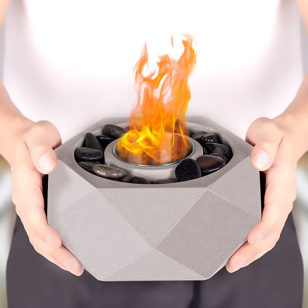 Tabletop Fire Bowl - Extra Large Concrete Table Top Fire Pit Indoor Outdoor Portable Fireplace Geometric Centrepiece, Gray, 9.45 inches