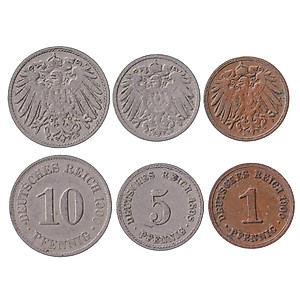3 Coins from Germany | German Coin Set Collection 1 5 10 Pfennig | Circulated 1890-1903 | Imperial Eagle