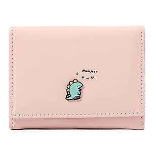 YaJaMa Cute Dinosaur Monster Women Wallet PU Leather Small Trifold Cerdit Card Case Holder Organizer for Teen Girls with ID Window (Pink)