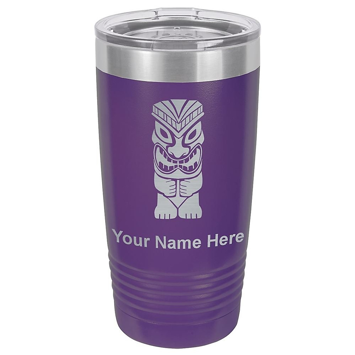 LaserGram 20oz Vacuum Insulated Tumbler Mug, Tiki Statue, Personalized Engraving Included (Dark Purple)