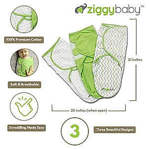 Ziggy Baby Swaddle Blanket Wrap Set Chevron, Dot, Solid, Grey/Green/White, 3 Pack