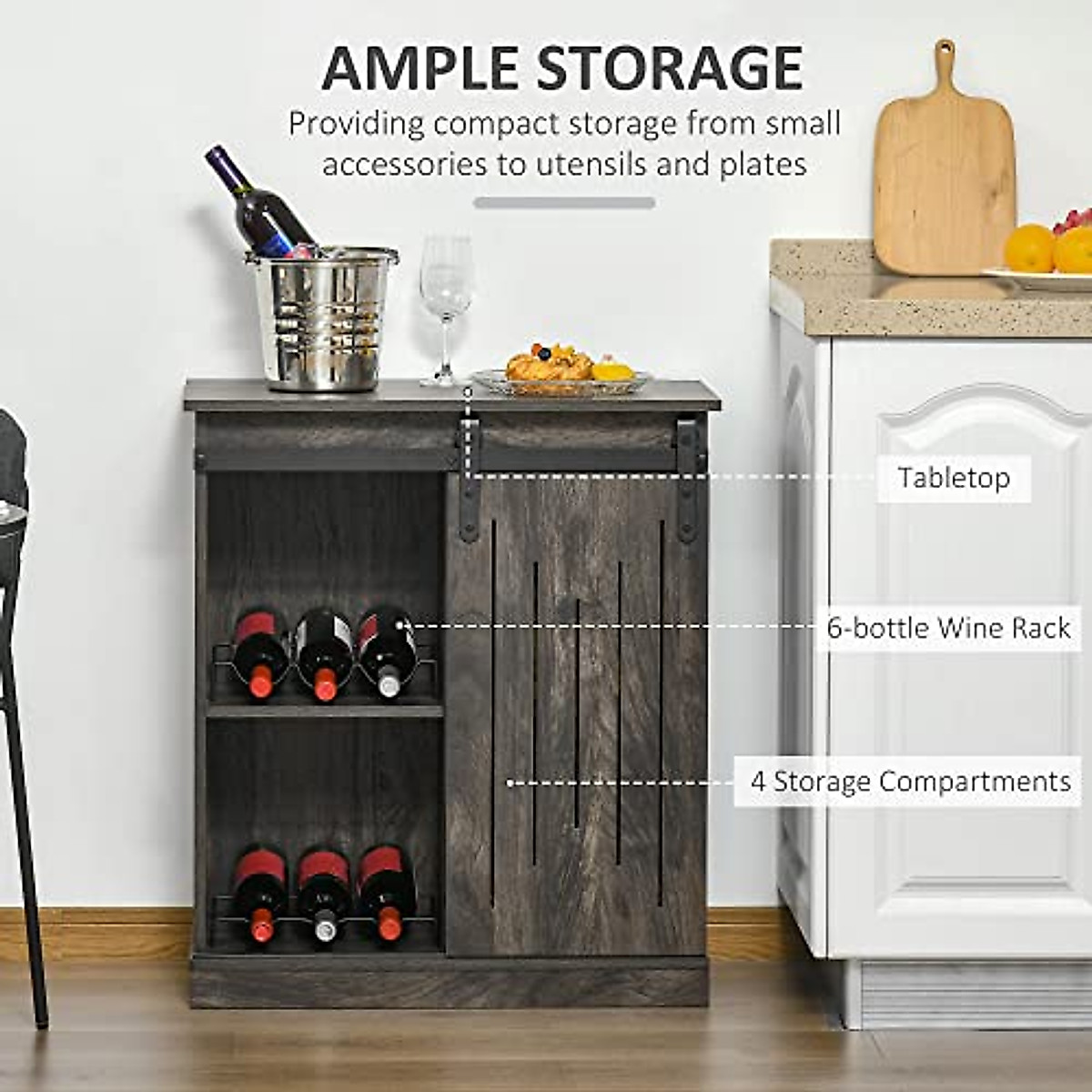 HOMCOM Industrial Sideboard Storage Cabinet, Serving Bar Buffet with Sliding Barn Door and 6-Bottle Wine Rack, Grey