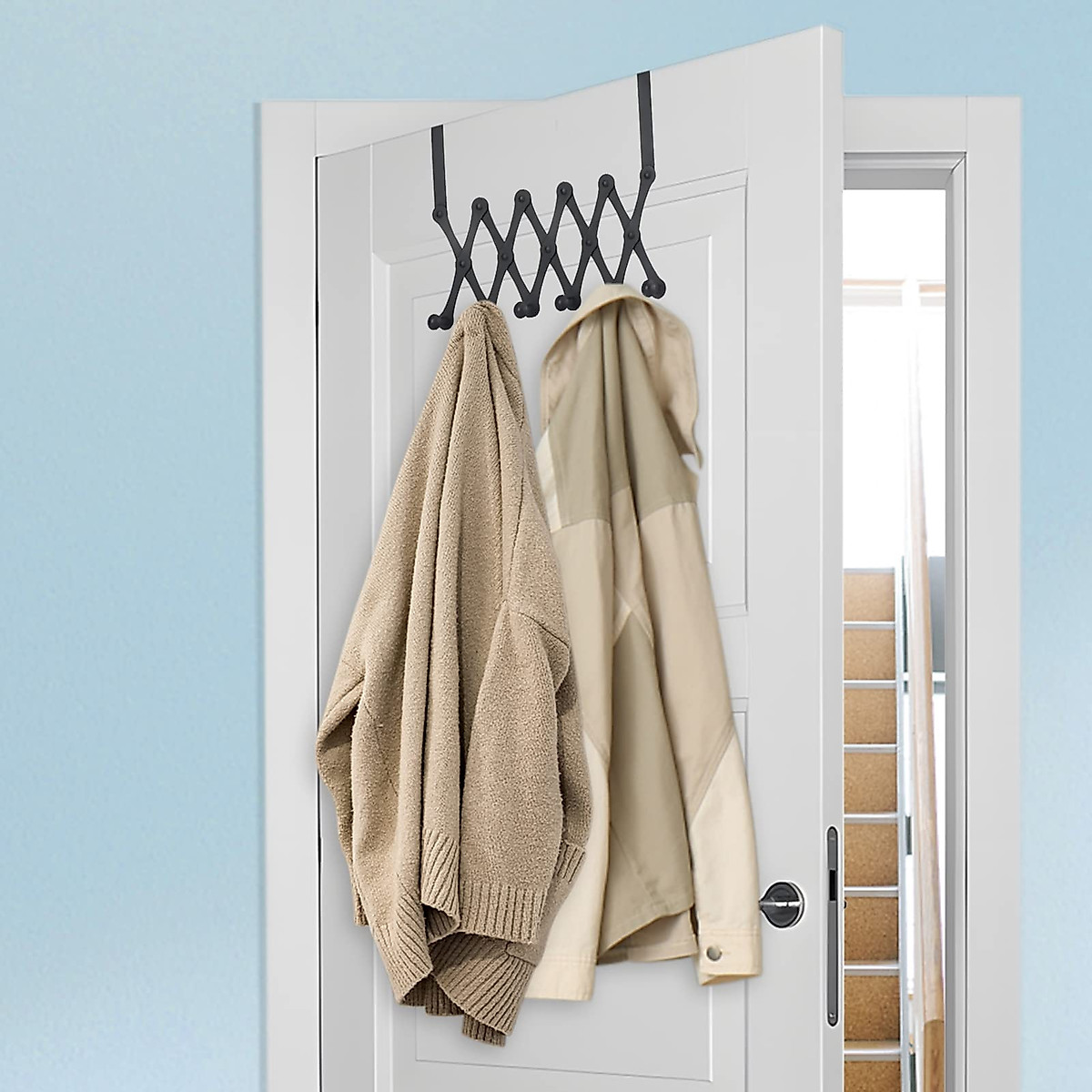 Simfree Over The Door Hooks,Retractable Stainless Steel Over The Door Hanger with 6 Hooks,Hanging Organizer Over The Door Towel Rack for Coat,Hats,Clothes,Towels,Black