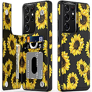 LETO Galaxy S21 Ultra Case,Flip Folio Leather Wallet Case Cover with Fashion Designs for Girls Women,Card Slots Kickstand Phone Case for Samsung Galaxy S21 Ultra 6.8" Blooming Sunflowers