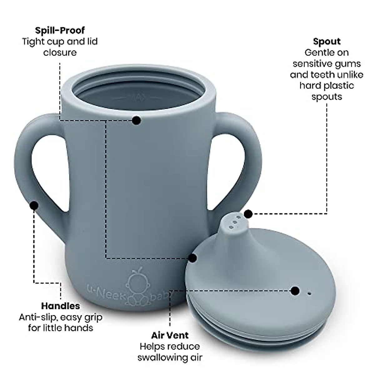 U-Neek baby Silicone Sippy Cup for Baby 6+ Months | Two Non Slip Handle Learner Cup for Toddlers | Transitional Training Cup for Baby Led Weaning and Independent Drinking 6.7oz | Baby Gift (Sea Blue)