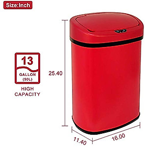 13 Gallon/50L Automatic Kitchen Trash Can with Lid, Touchless Garbage Can, Stainless-Steel Trash Cans Electronic Motion Sensor Smart Trash Bin for Kitchen Office Bathroom, Red