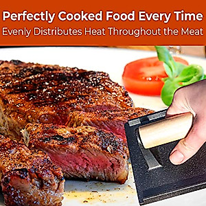 Versatile, Safe-Touch 8x4in Cast Iron Grill Weight 1pc. Perfect Meat Press With Wooden Handle for Crispy Bacon, Evenly Cooked Steak and Healthier Burgers. Great for Flat Top, Oven, Griddle and Skillet
