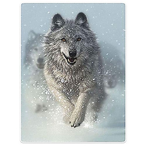 HommomH White Wolf Blanket Animal Pattern Digital Print Fleece Throw Running Wolves 60"x80"